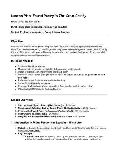 Lesson Plan: Found Poetry in The Great Gatsby | Teaching Resources