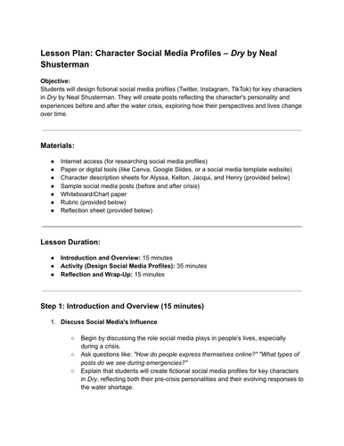Lesson Plan: Character Social Media Profiles – Dry | Teaching Resources