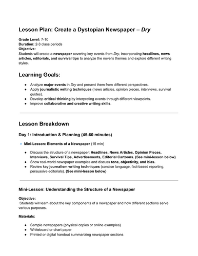 Lesson Plan: Create a Dystopian Newspaper – Dry | Teaching Resources