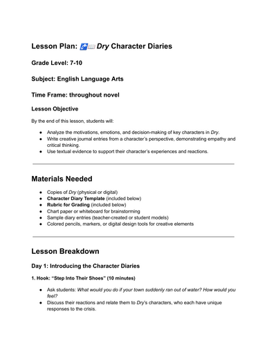 Dry Character Diaries Lesson Plan | Teaching Resources