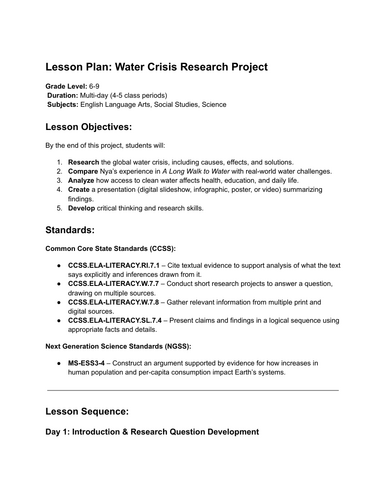 Lesson Plan: Water Crisis Research Project: A Long Walk to Water/Earth ...
