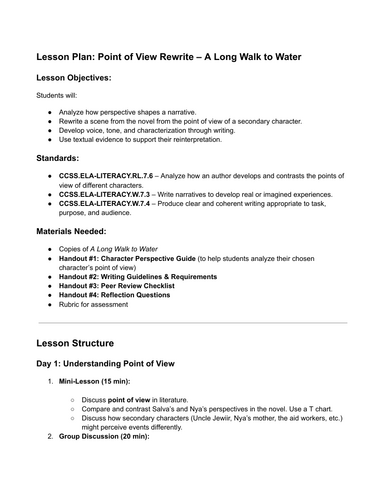 Lesson Plan: Point of View Rewrite – A Long Walk to Water | Teaching ...
