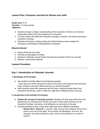 Character Journals for Romeo and Juliet Lesson Plan | Teaching Resources
