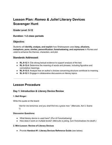 Romeo & Juliet Literary Devices Scavenger Hunt Activity Lesson Plan ...