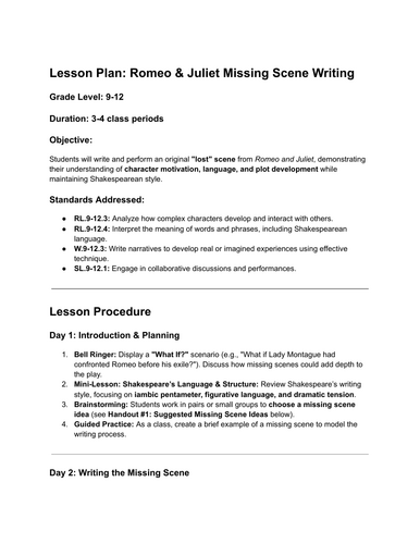 Shakespeare's Romeo & Juliet Missing Scene Writing Multi-day Lesson ...
