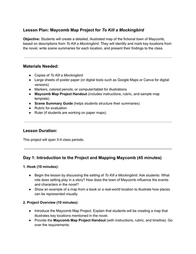 To Kill a Mockingbird Detailed Lesson Plan for Maycomb Map Project ...