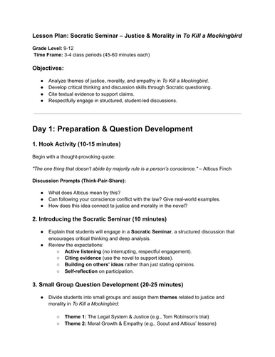 To Kill a Mockingbird Multi-Day Socratic Seminar: Justice & Morality in ...