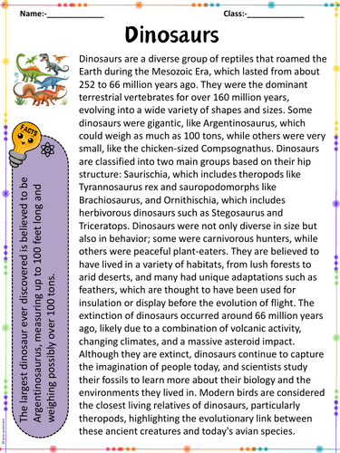 Engaging Dinosaur Reading Passage with Comprehension Questions ...