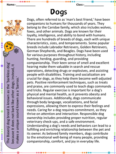 Engaging Reading Passage and Questions About Dogs | Teaching Resources