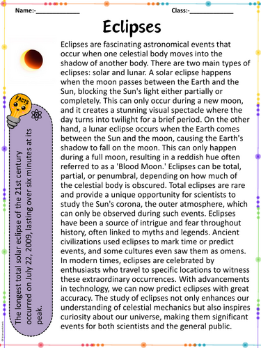 Eclipse Exploration: Engaging Reading Passage & Questions | Teaching ...