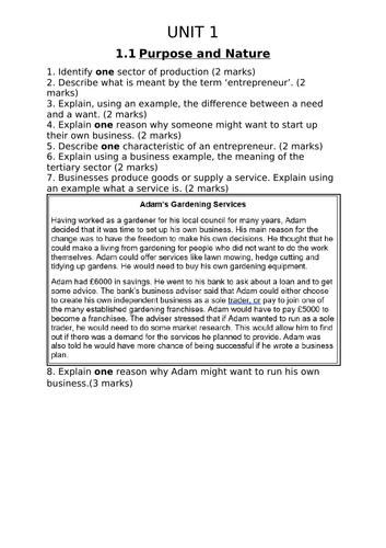 AQA UNIT 1- Past Revision Questions | Teaching Resources