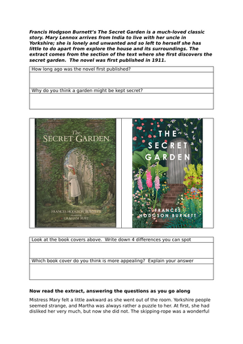 English SATS 11+ KS3 Secret Garden Fiction Extract Comprehension ...