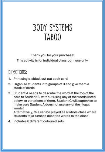 Body Systems Taboo Revision Game | Teaching Resources