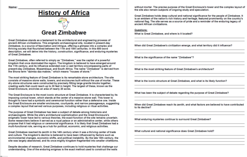 Great Zimbabwe “Article & Questions” Assignment (Ancient Africa ...