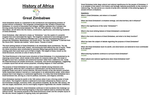 Great Zimbabwe “Article & Questions” Assignment (Ancient Africa ...