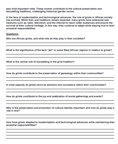 Griots “Article & Questions” Assignment (Ancient Africa) | Teaching ...
