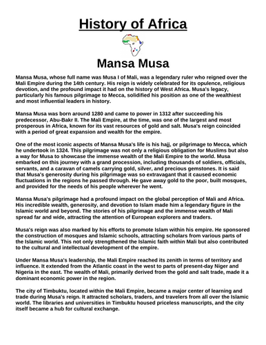 Mansa Musa “Article & Questions” Assignment (Ancient Africa) | Teaching ...