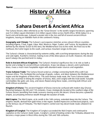 Sahara Desert “Article & Questions” Assignment (Ancient Africa ...