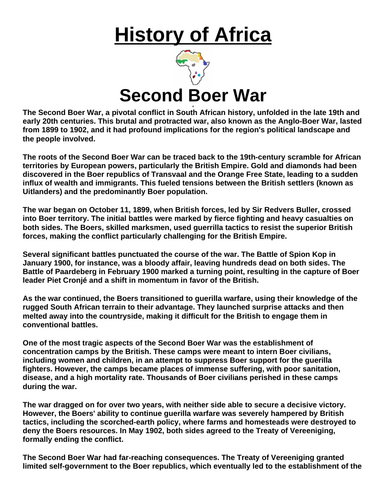 Second Boer War “Article & Questions” Assignment | Teaching Resources
