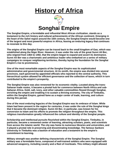 Songhai Empire “Article & Questions” Assignment (Ancient Africa ...