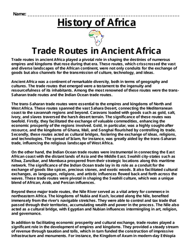 Trade Routes in Africa “Article & Questions” Assignment (Ancient Africa ...