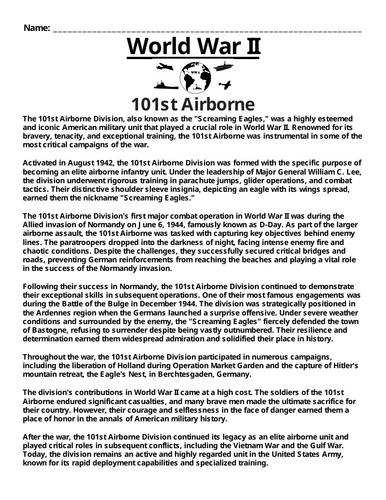 101st Airborne “Article & Questions” Assignment (World War II ...