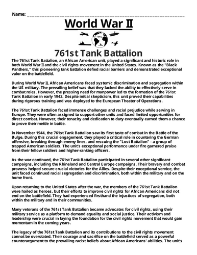 761st Tank Battalion “Article & Questions” Assignment (World War II ...