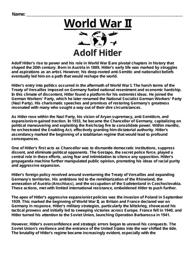 Adolf Hitler Article & Questions” Assignment (World War II) | Teaching ...