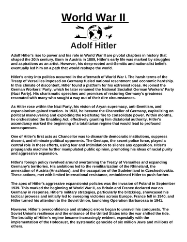 Adolf Hitler Article & Questions” Assignment (World War II) | Teaching ...
