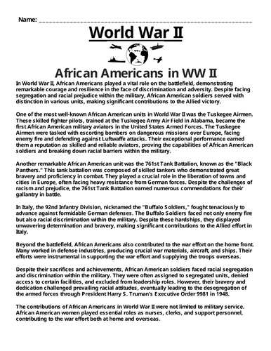 African Americans in WW II “Article & Questions” Assignment (World War ...