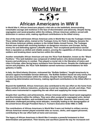 African Americans in WW II “Article & Questions” Assignment (World War ...