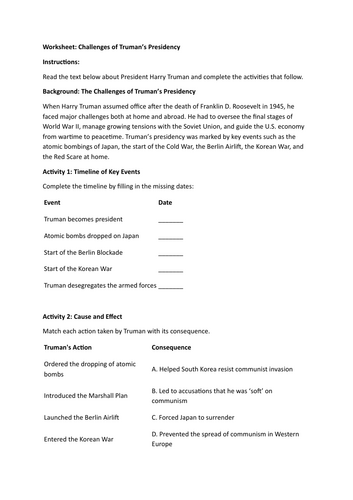 Leaving Cert History: Differentiated Harry Truman review worksheet ...