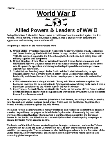 Allied Powers & Leaders of WW II “Article & Questions” Assignment ...