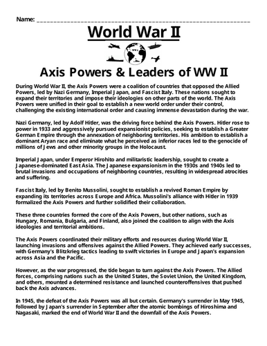 Axis Powers & Leaders of WW II “Article & Questions” Assignment (World ...