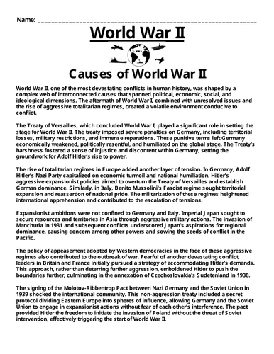Causes of World War II “Article & Questions” Assignment (World War II ...