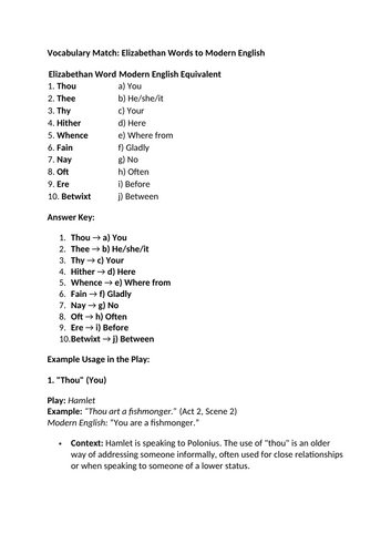 Vocabulary Match: Elizabethan Words to Modern English | Teaching Resources