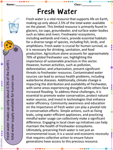 Engaging Reading Passage with Questions on Fresh Water Conservation ...