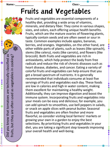 Exploring Fruits and Vegetables: Engaging Reading Passage with ...