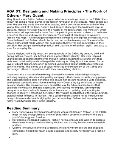 AQA DT; Designing and Making Principles - The Work of Others - Mary ...