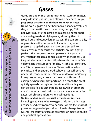 Exploring Gases: Engaging Reading Passage with Comprehension Questions ...