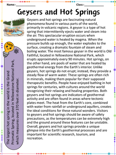Exploring Geysers and Hot Springs: Engaging Reading Passage and ...