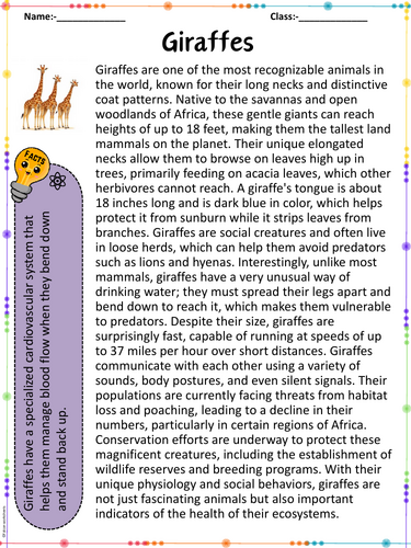 Giraffes Unveiled: Engaging Reading Passage with Insightful Questions ...