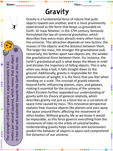 Understanding Gravity: Engaging Reading Passage with Thought-Provoking ...