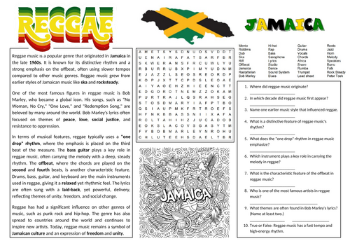Reggae Music Worksheet 2 (cover lesson) | Teaching Resources