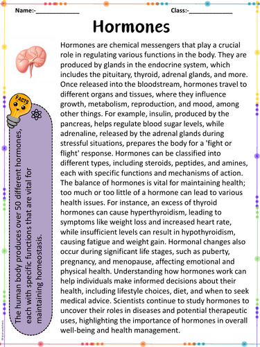 Understanding Hormones: Comprehensive Reading Passage & Questions for ...