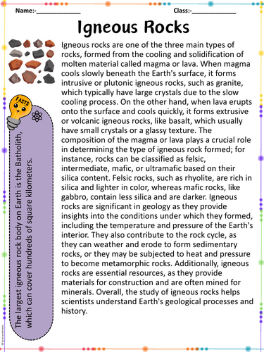 Exploring Igneous Rocks: Engaging Reading Passage and Quiz Questions ...