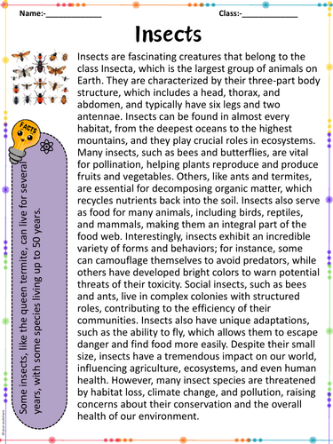 Engaging Reading Passage on Insects with Thought-Provoking Questions ...