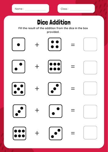Dice Addition Worksheet in Red and White Illustrative Style | Teaching ...