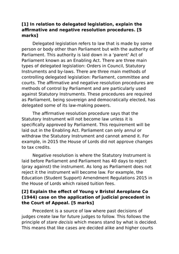 A-Level Law: 2023 English Legal Systems Part A Model Plan + Model ...
