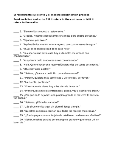 El restaurante: El cliente y el mesero identification practice ...
